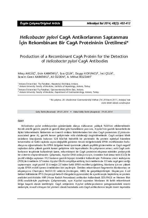 (PDF) Helicobacter pylori CagA Antikorlarının Saptanması İçin ...