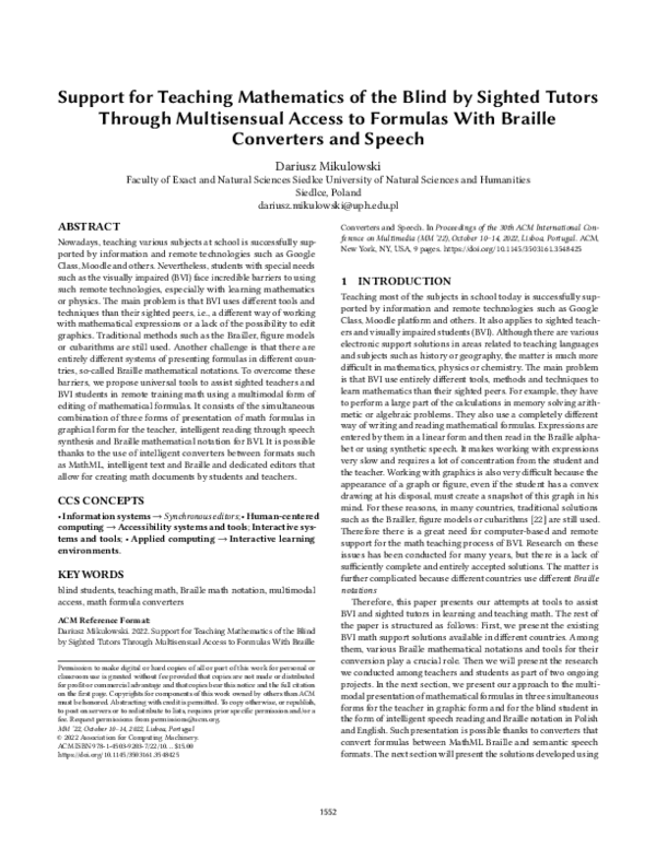 (PDF) Support for Teaching Mathematics of the Blind by Sighted Tutors ...