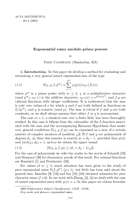 (PDF) Exponential sums modulo prime powers