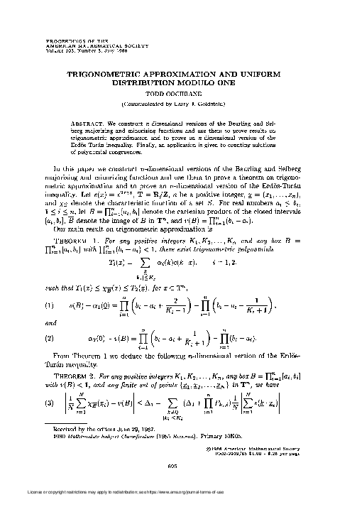 (PDF) Trigonometric approximation and uniform distribution modulo one