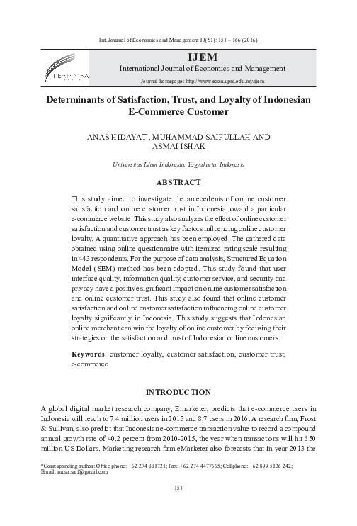 Pdf Determinants Of Satisfaction Trust And Loyalty Of Indonesian E Commerce Customer