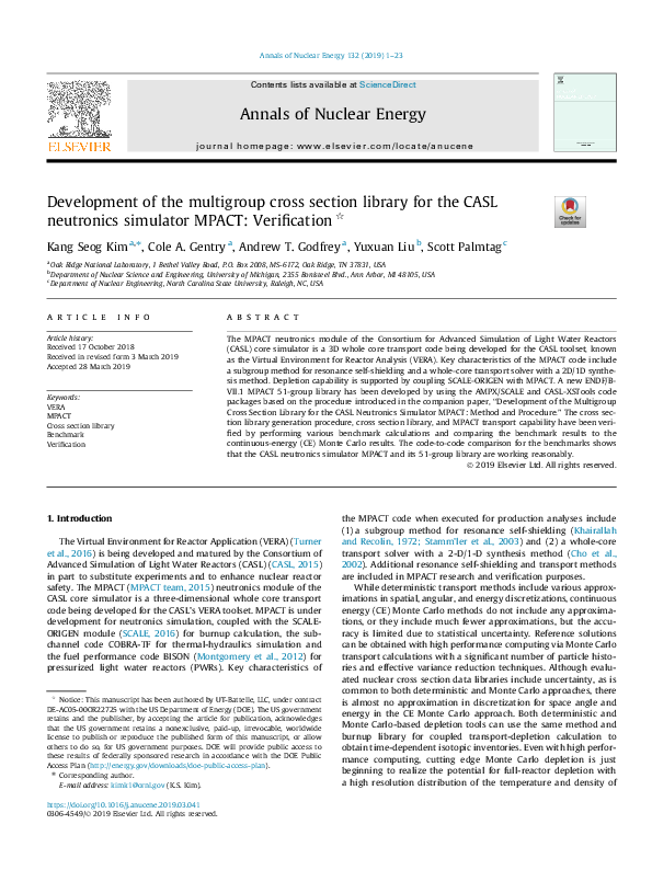 (PDF) Development of the multigroup cross section library for the CASL neutronics simulator ...