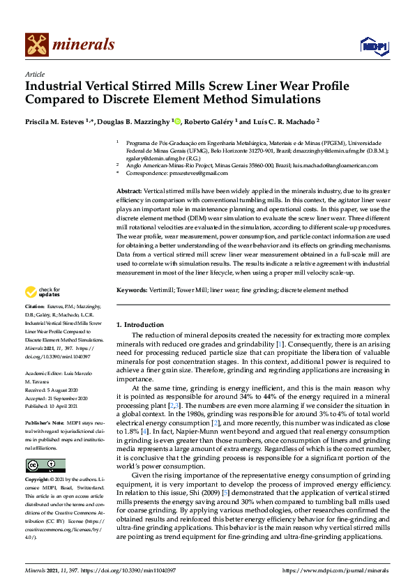 (PDF) Industrial Vertical Stirred Mills Screw Liner Wear Profile ...