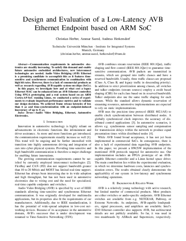 (PDF) Design and Evaluation of a Low-Latency AVB Ethernet Endpoint Based on ARM SoC