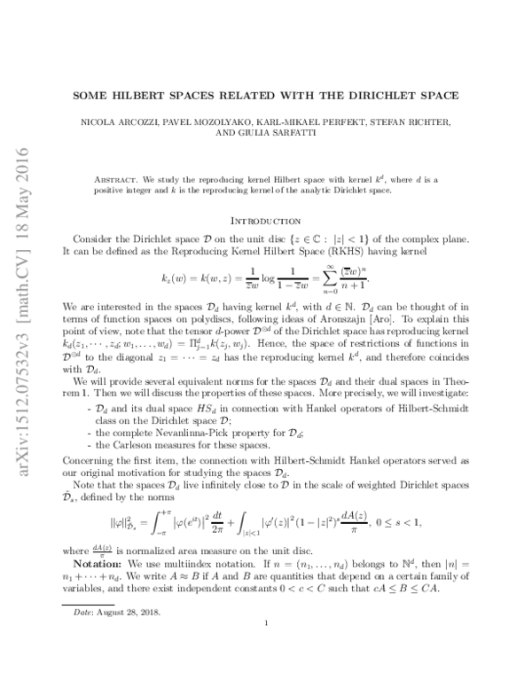 (PDF) Some Hilbert spaces related with the Dirichlet space