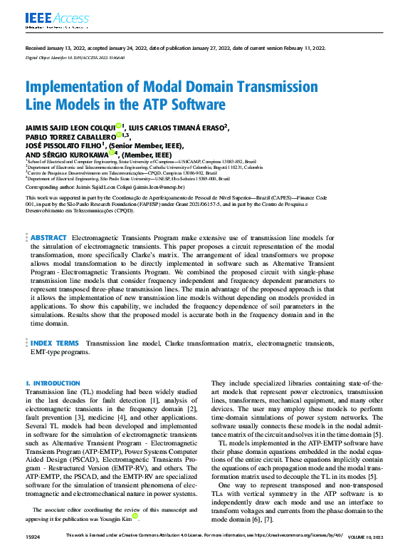 (PDF) Implementation of Modal Domain Transmission Line Models in the ATP Software