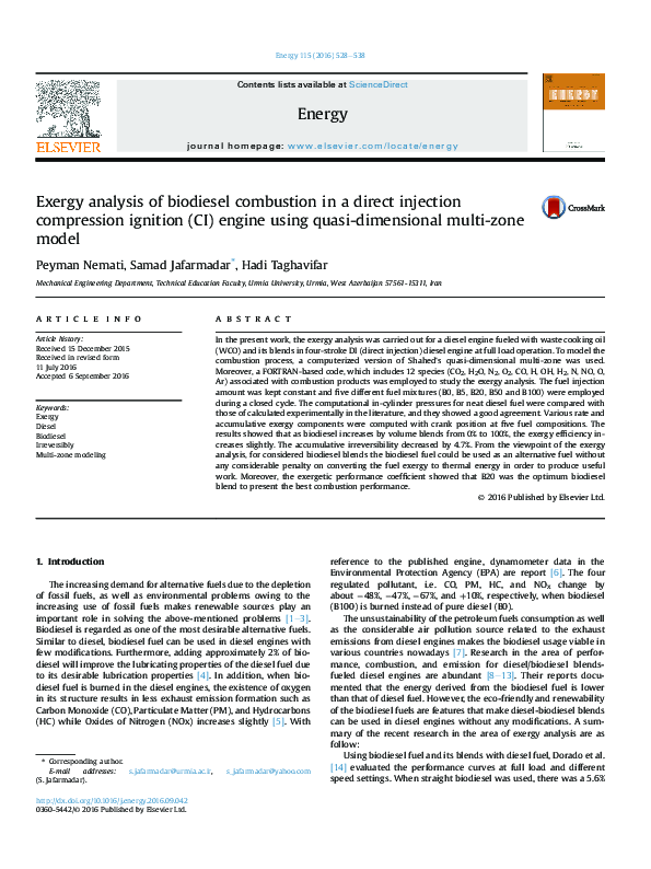 (PDF) Exergy analysis of biodiesel combustion in a direct injection ...