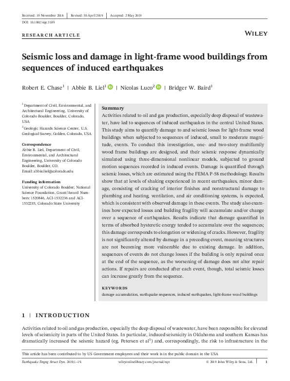 (PDF) Seismic loss and damage in light‐frame wood buildings from sequences of induced earthquakes