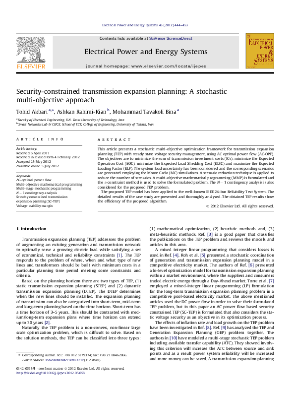 Pdf Security Constrained Transmission Expansion Planning For Smart