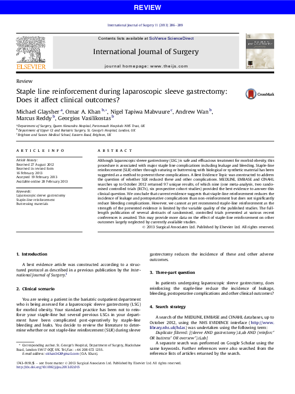 (PDF) Staple line reinforcement during laparoscopic sleeve gastrectomy ...