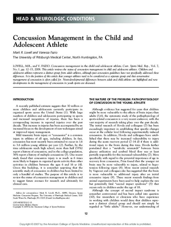 (PDF) Concussion management in the child and adolescent athlete