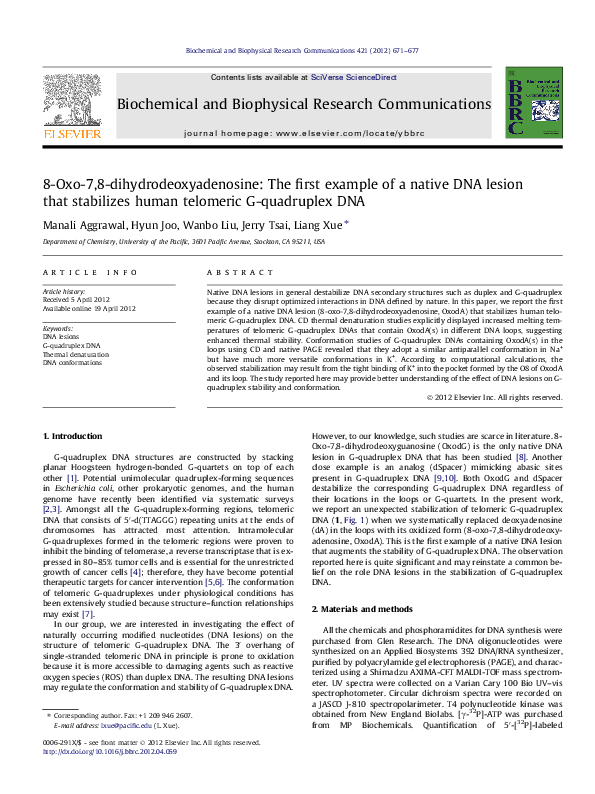 (PDF) 8-Oxo-7,8-dihydrodeoxyadenosine: The first example of a native ...