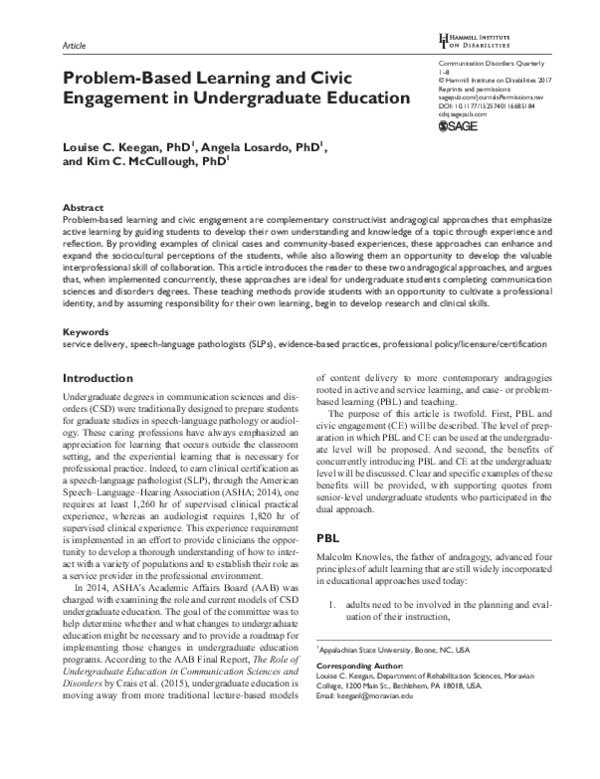 (PDF) Problem-Based Learning and Civic Engagement in Undergraduate Education