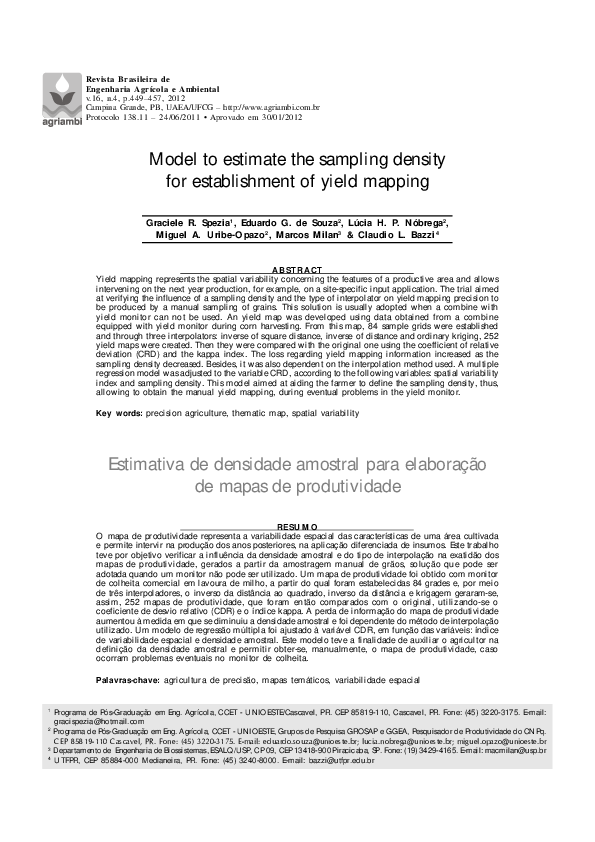 (PDF) Model to estimate the sampling density for establishment of yield mapping