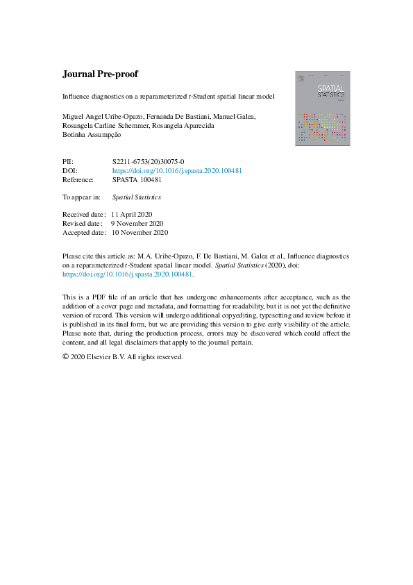 (PDF) Influence diagnostics on a reparameterized t-Student spatial linear model