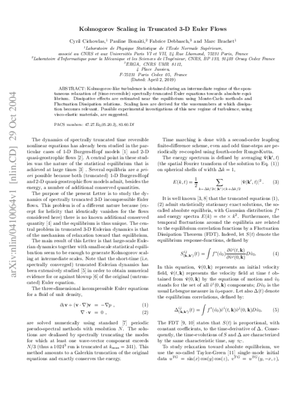 Pdf Kolmogorov Scaling In Truncated 3 D Euler Flows