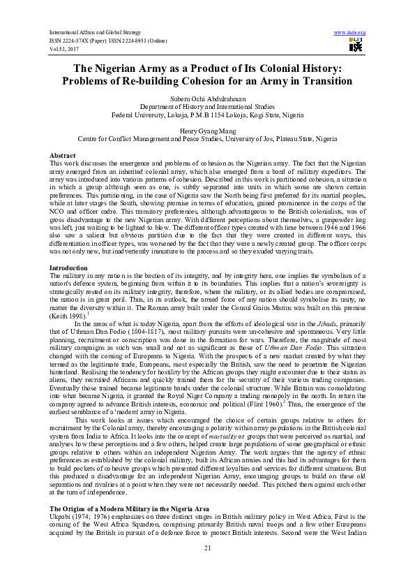 (PDF) The Nigerian Army as a Product of Its Colonial History: Problems ...