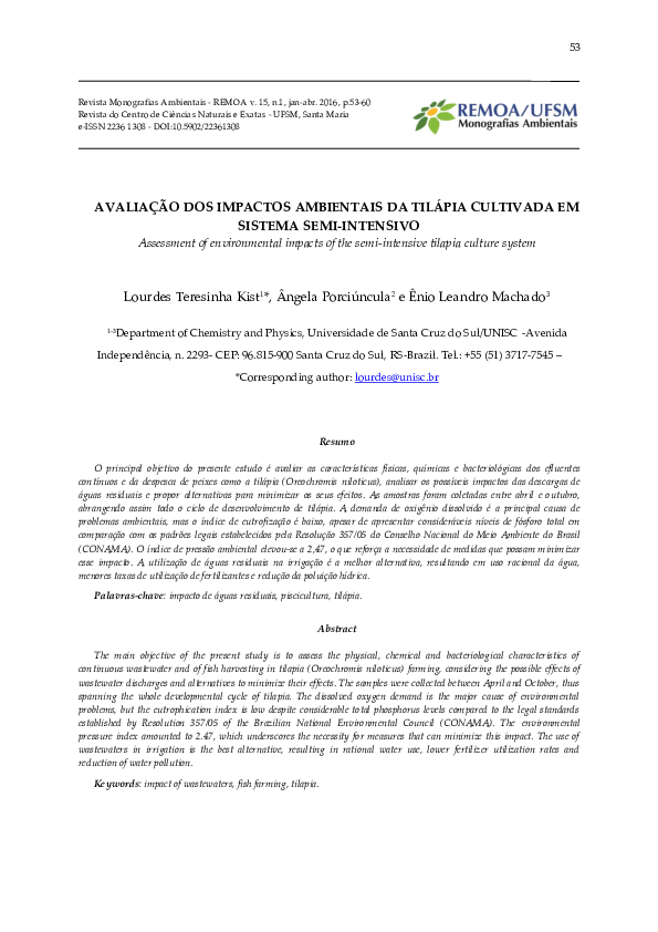 (PDF) Avaliação dos impactos ambientais da tilápia cultivada em sistema ...