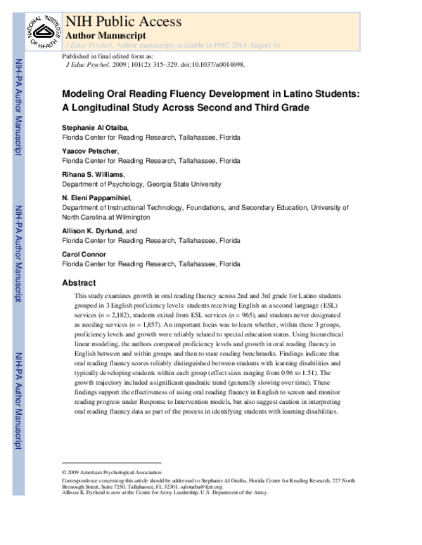 (PDF) Modeling oral reading fluency development in Latino students: A ...
