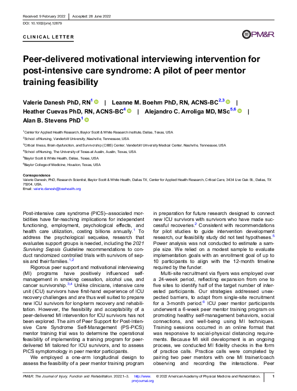 (PDF) Peer-delivered motivational interviewing intervention for post-intensive care syndrome: A ...