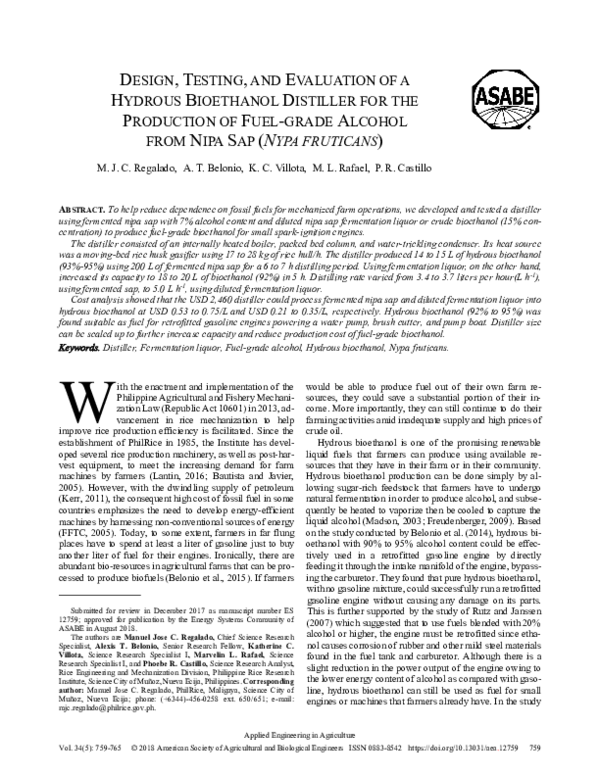 (PDF) Design, Testing, and Evaluation of a Hydrous Bioethanol Distiller ...