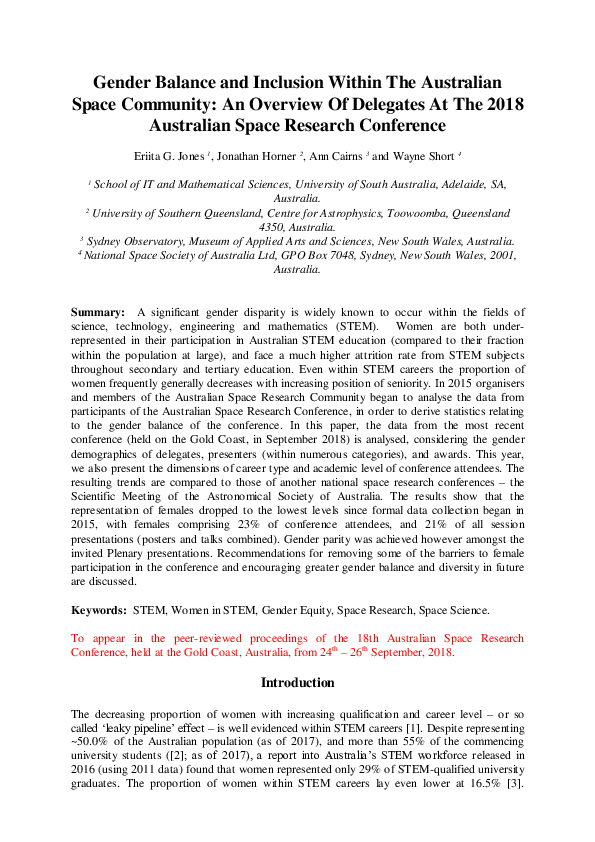 (PDF) Gender Balance and Inclusion Within The Australian Space ...
