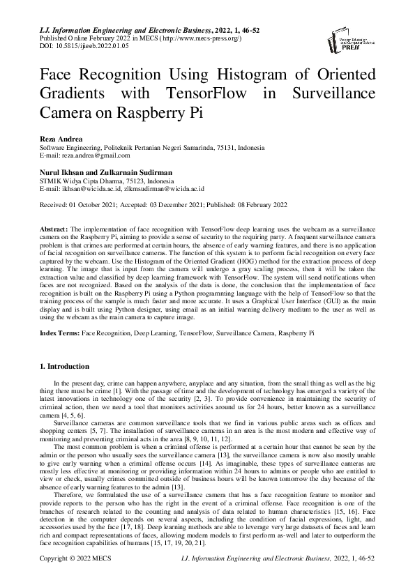 Pdf Face Recognition Using Histogram Of Oriented Gradients With Tensorflow In Surveillance