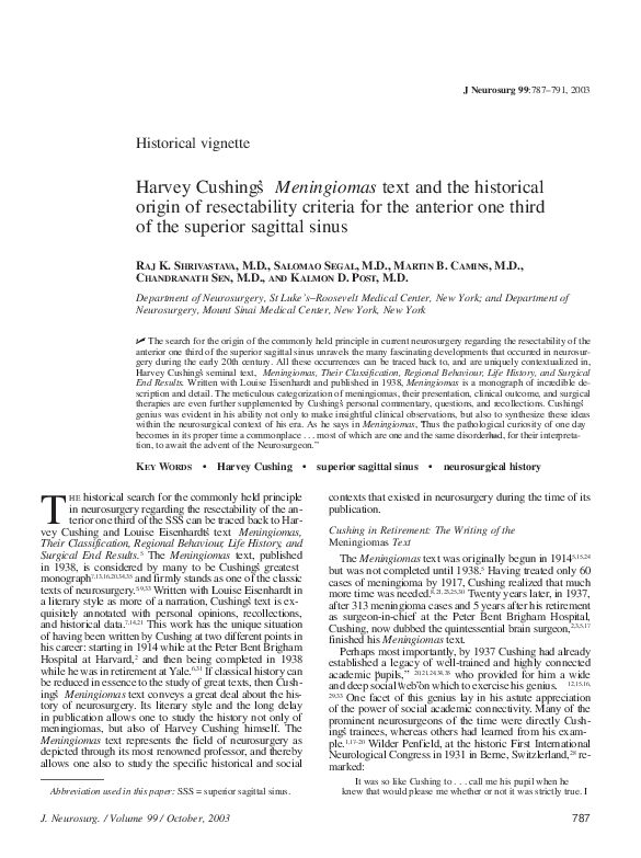 (PDF) Harvey Cushing's Meningiomas text and the historical origin of ...