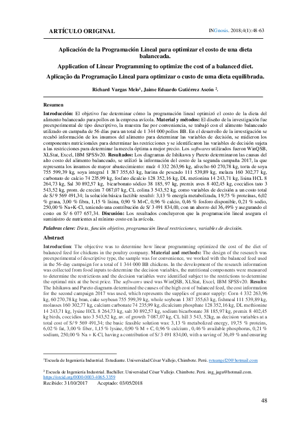 (PDF) Aplicación de la Programación Lineal para optimizar el costo de ... (PDF) Aplicación de la Programación Lineal para optimizar el costo de ...