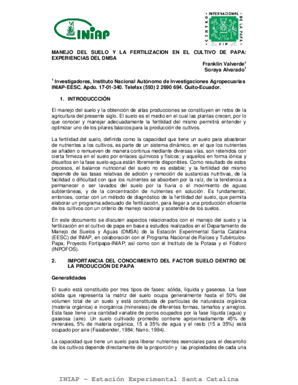 Pdf Manejo Del Suelo Y La Fertilización En El Cultivo De Papa