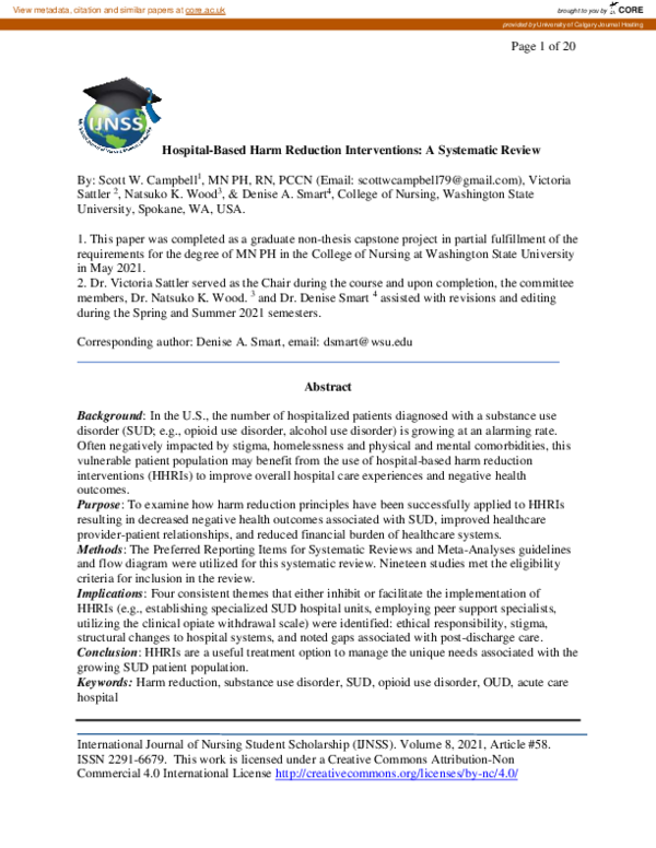 (PDF) Hospital-Based Harm Reduction Interventions: A Systematic Review