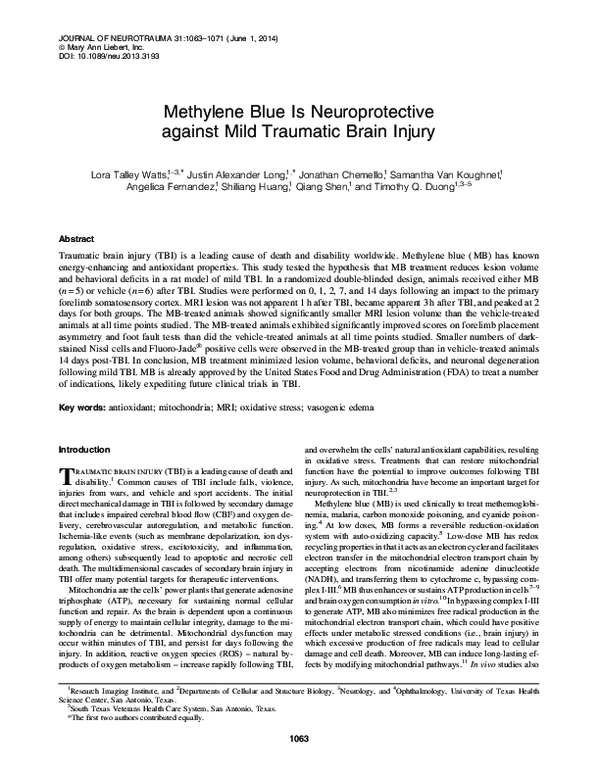 (PDF) Methylene Blue Is Neuroprotective against Mild Traumatic Brain ...