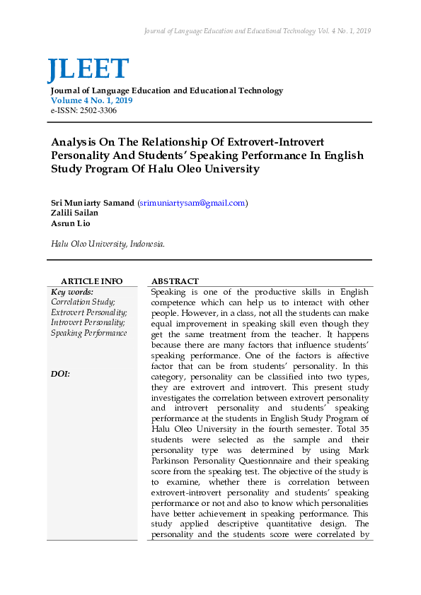(PDF) Analysis On The Relationship Of Extrovert-Introvert Personality And Students’ Speaking ...