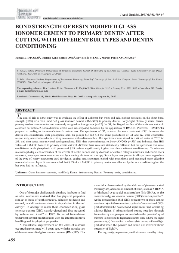 Bond strength of resin modified glass ionomer cement to primary dentin ...