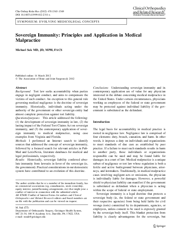 (PDF) Sovereign Immunity: Principles and Application in Medical Malpractice
