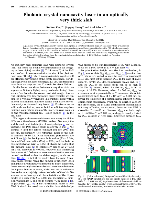 Pdf Photonic Crystal Nanocavity Laser In An Optically Very Thick Slab