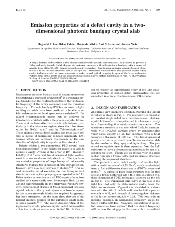(PDF) Emission properties of a defect cavity in a two-dimensional photonic bandgap crystal slab