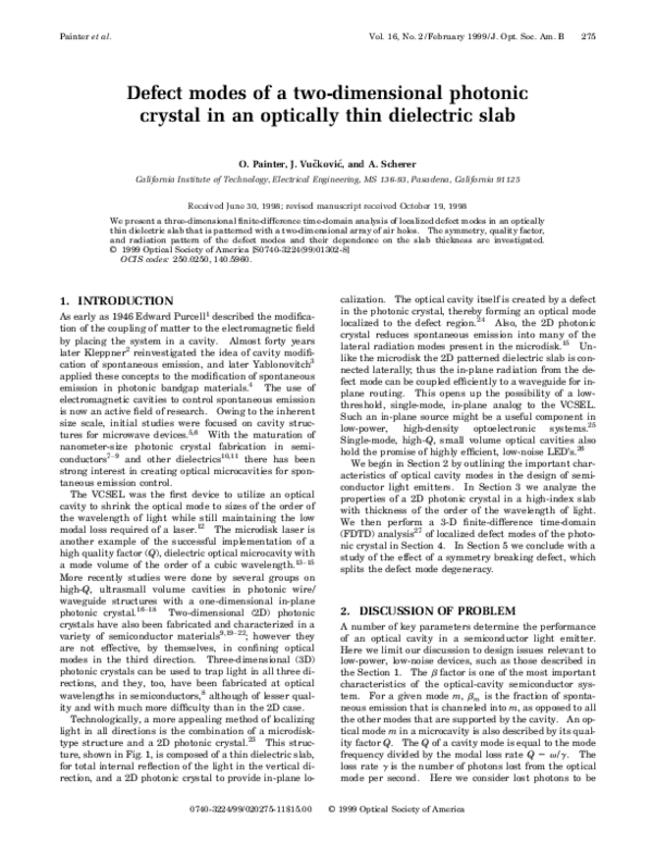 (PDF) Defect modes of a two-dimensional photonic crystal in an optically thin dielectric slab