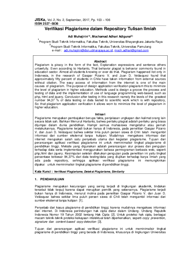 (PDF) Verifikasi Plagiarisme dalam Repository Tulisan Ilmiah | Adi Muhajirin - Academia.edu