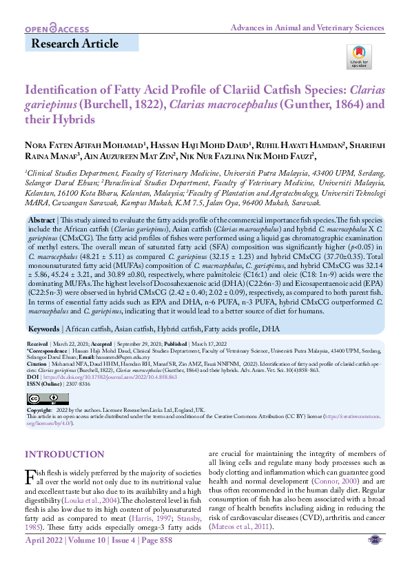 (PDF) Identification of Fatty Acid Profile of Clariid Catfish Species ...