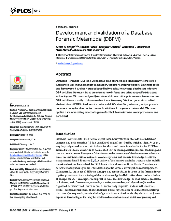 (PDF) Development and validation of a Database Forensic Metamodel (DBFM)