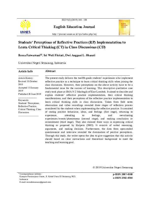 (PDF) Studentsâ€™ Perceptions of Reflective Practices (RP) Implementation to Learn Critical ...
