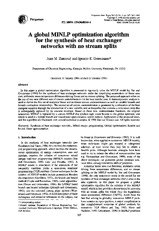 (PDF) A global MINLP optimization algorithm for the synthesis of heat exchanger networks with no ...