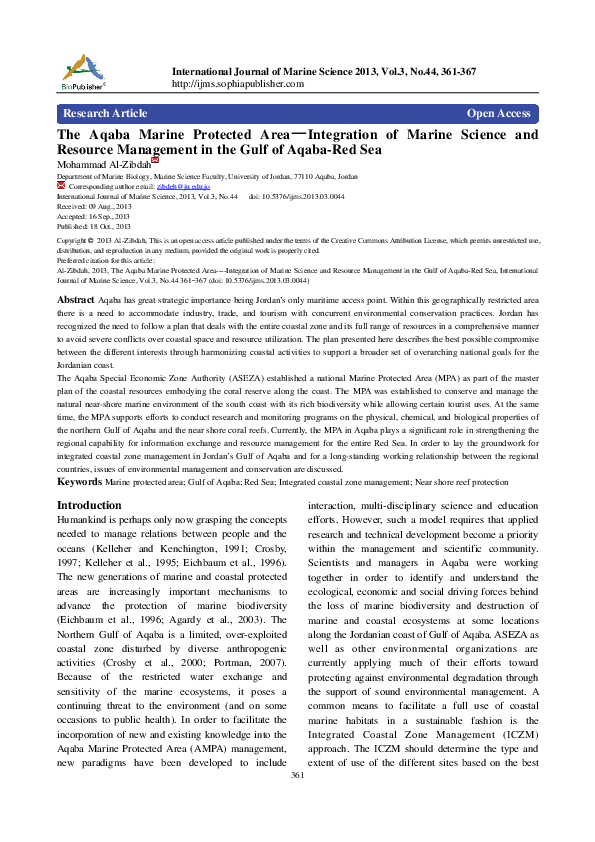(PDF) The Aqaba Marine Protected Area -- Integration of Marine Science ...