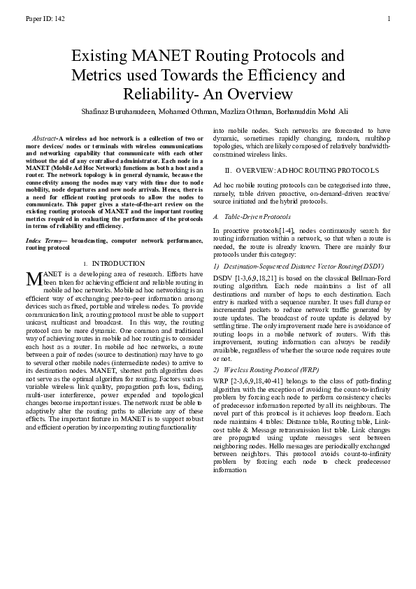 Pdf Existing Manet Routing Protocols And Metrics Used Towards The Efficiency And Reliability
