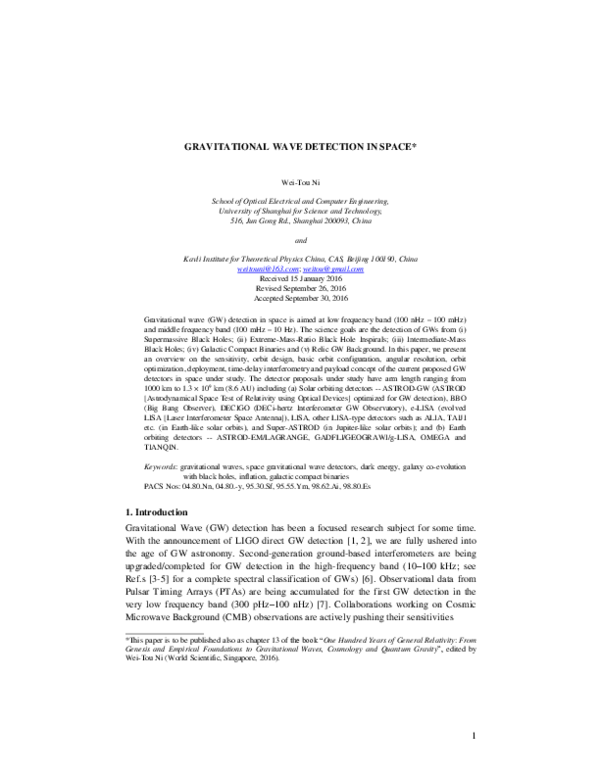 Pdf Gravitational Wave Detection In Space