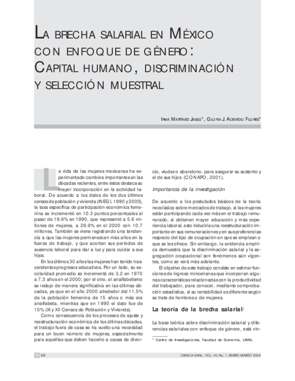 (PDF) La brecha salarial en México con enfoque de género: capital humano, discriminación y ...