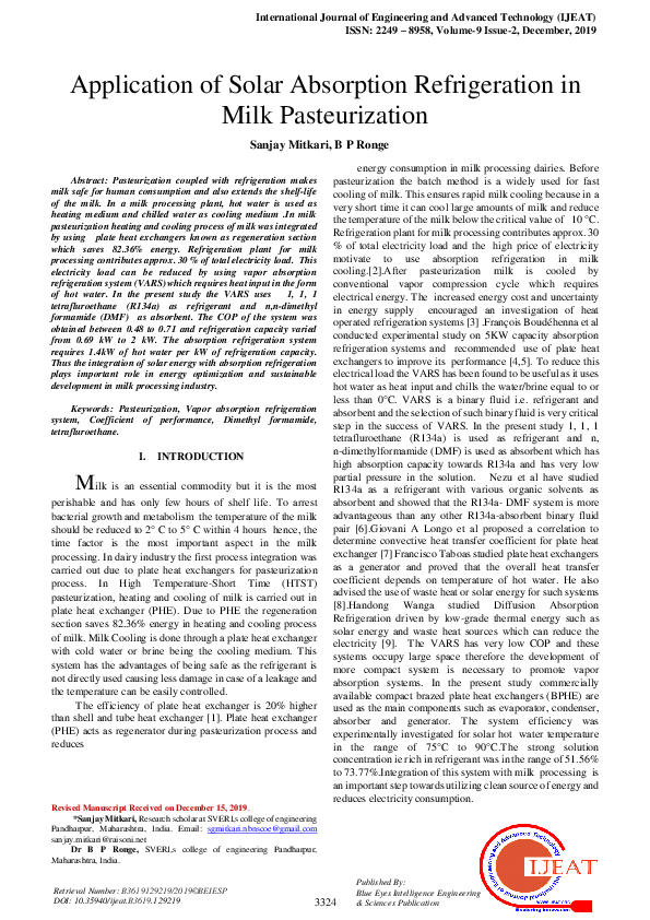 (PDF) Application of Solar Absorption Refrigeration in Milk Pasteurization