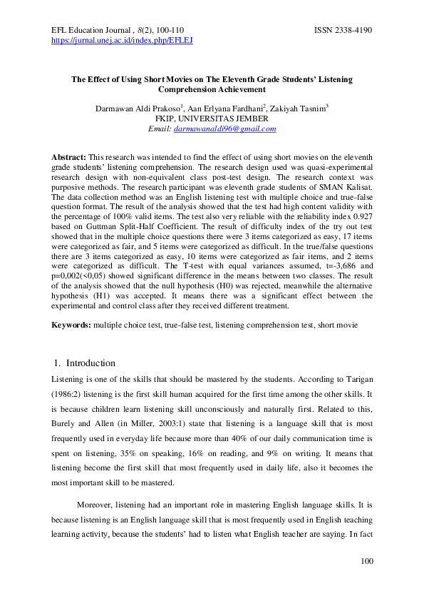 (PDF) The Effect of Using Short Movies on The Eleventh Grade Students ...