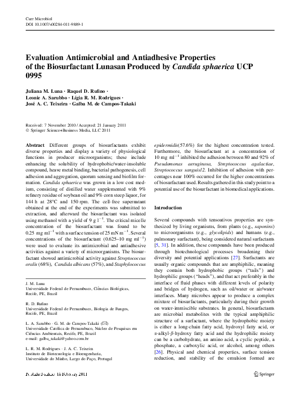 (PDF) Evaluation Antimicrobial and Antiadhesive Properties of the Biosurfactant Lunasan Produced ...